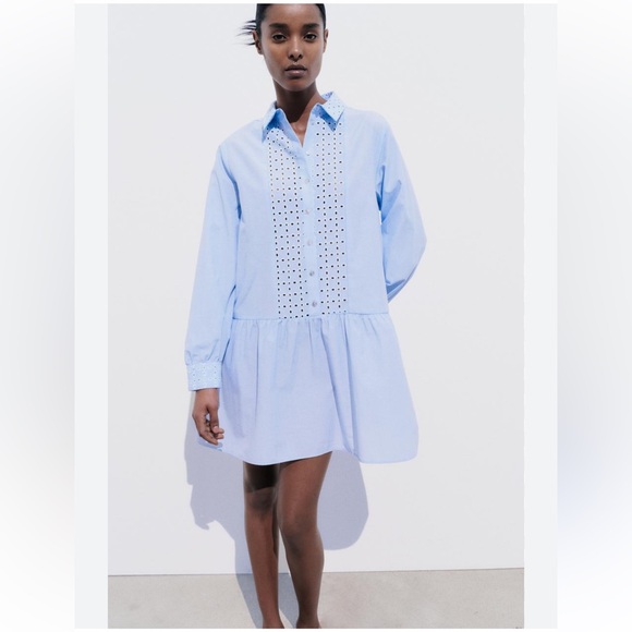Zara | Dresses | Nwt Zara L Blue Embroidered Long Sleeve Collared Mini ...